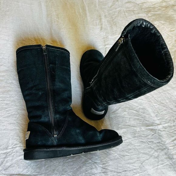 UGG | Shoes | Uggaustralia Womens Tall Black Leather Sheepskin Zip Side ...